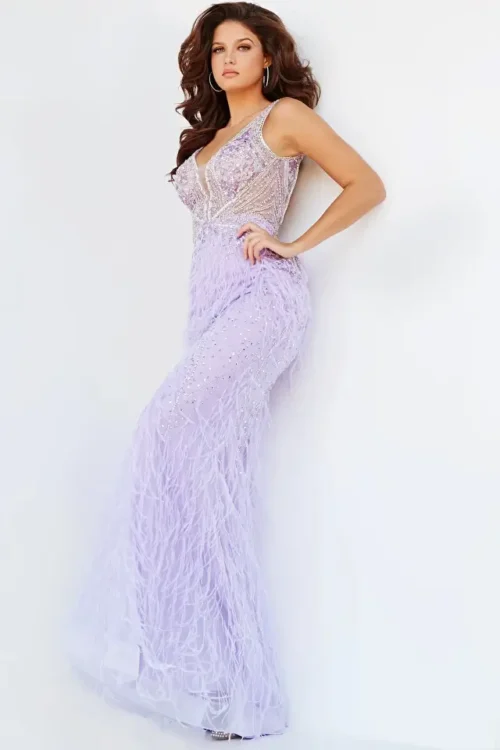 Fitted Prom Dress with Feather Skirt and Sheer Bodice