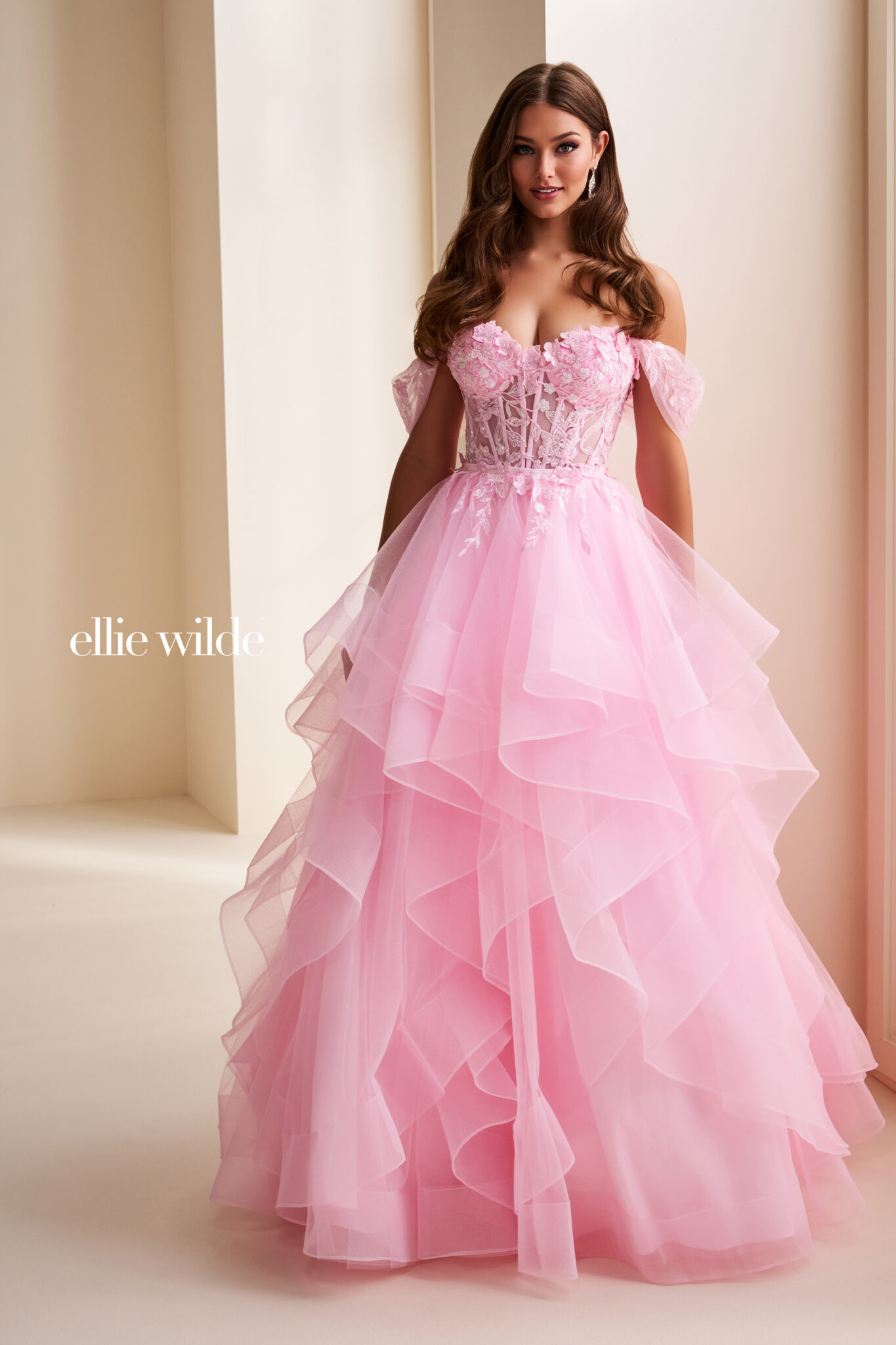 Ellie Wilde Cotton Candy Pink Ruffled Ballgown Prom Dress